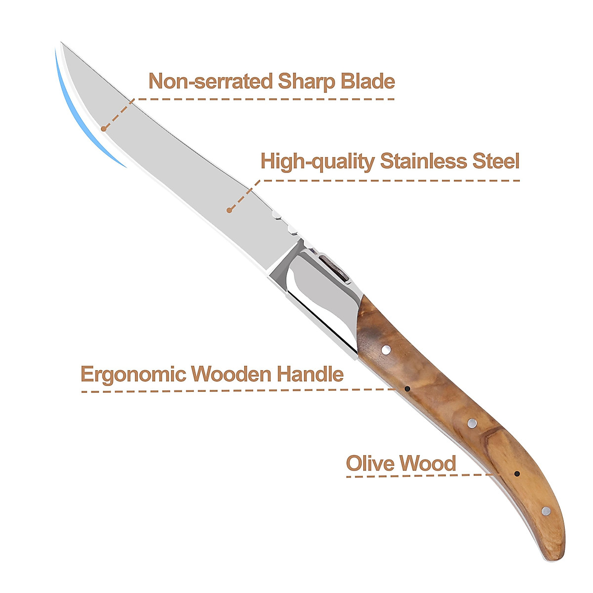 LUVCOSY Laguiole Style Steak Knife Set of 8, Non-serrated Steak Knife Set with Olive Wood Handle, Sharp Stainless Steel Steak Knives with Gift Box, Dinner Cutlery Set for Home Party