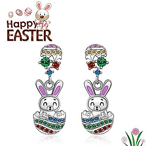 Easter Bunny Earrings Earring S925 Sterling Silver Cute Dangle for Women Colorful CZ Animal Egg