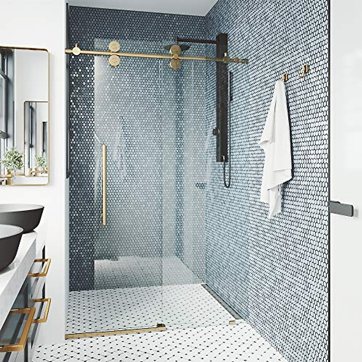 VIGO Adjustable 56-60" W x 74" H Elan Frameless Sliding Shower Door with Clear Tempered Glass, Reversible Handle in Matte Brushed Gold