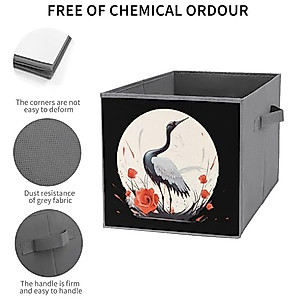 Cute Crane Bird Flowers Rose Foldable Storage Bins with Handles Storage Cubes Closet Organizer for Living Room Bedroom 2PCS
