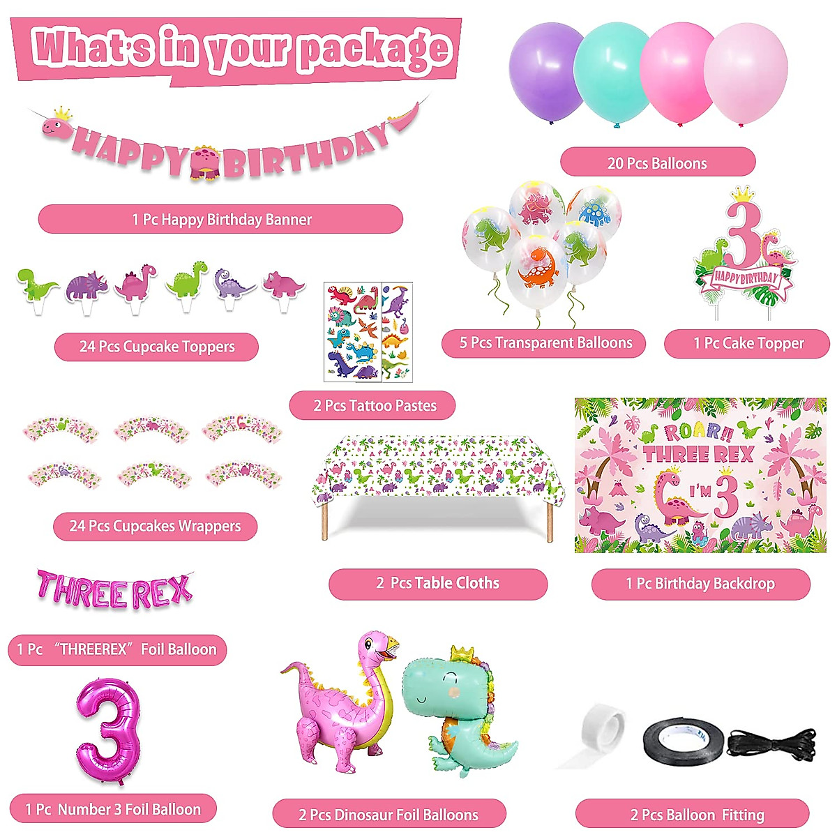 KOTLMIGHT Dinosaur Birthday Party Supplies for 3 Year Old Girl, Three Rex Pink Dinosaur Dino Party Decorations for Girls Baby - Backdrop, Banner, Toppers, Cupcakes Wrappers, Balloons and Tablecloth