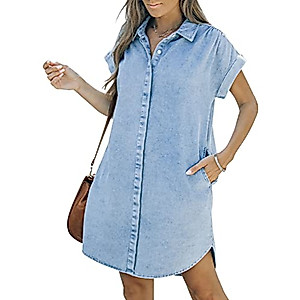 KDF Denim Dress with Pockets for Women Denim Button Down Shirt Jean Dresses for Women 2023 Summer Light Blue Size Small Size 4 Size 6