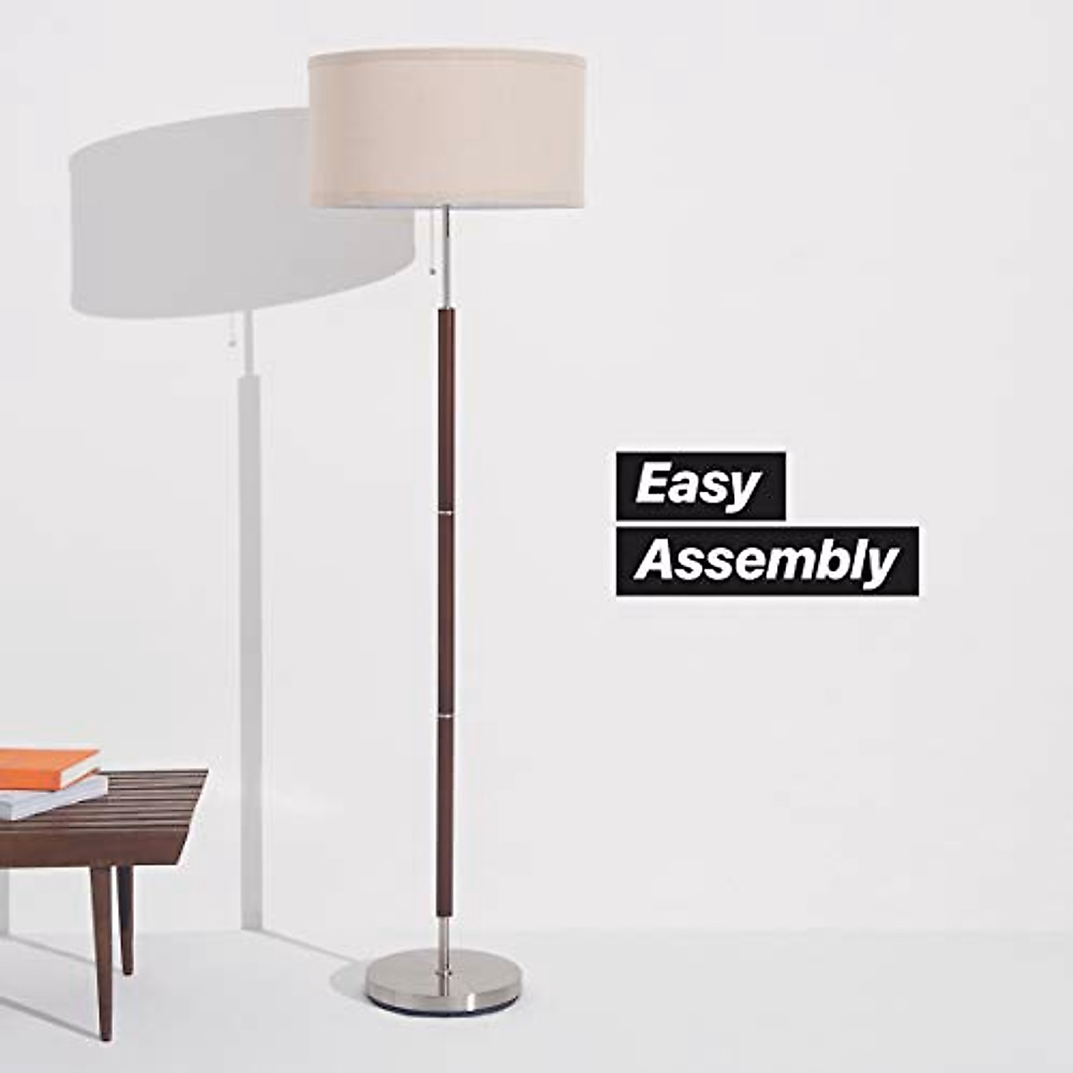 Brightech Carter LED Floor Lamp, Drum Shade Tall Lamp with Walnut Wood Finish, Great Living Room Décor, Mid-Century Lamp for Living Rooms & Offices, Mid Century Modern Lamp for Bedroom