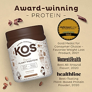 KOS Vegan Protein Powder, Chocolate USDA Organic - Low Carb Pea Protein Blend, Plant Based Superfood with Vitamins & Minerals - Keto, Soy, Gluten Free - Meal Replacement for Women & Men - 10 Servings