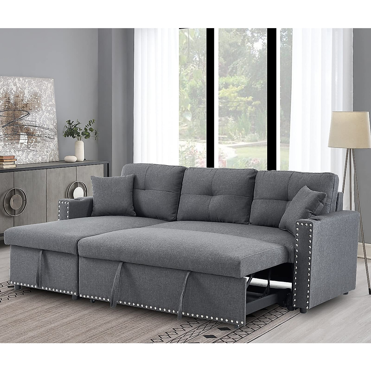 asunflower Sleeper Sofa with Pull Out Couch Small Sectional Sofa with Storage Chaise, Convertible Sleeper Couch Bed for Living Room Apartment L Shape Bedroom Sleeper,Grey