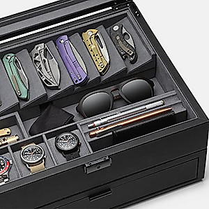 Kaviso Cache Display Valet Storage Drawer - EDC, Blade, Watch, and Jewelry Storage Drawer add-on, Microfiber Lining, Faux Leather, Stackable (Valet Storage Drawer) Black