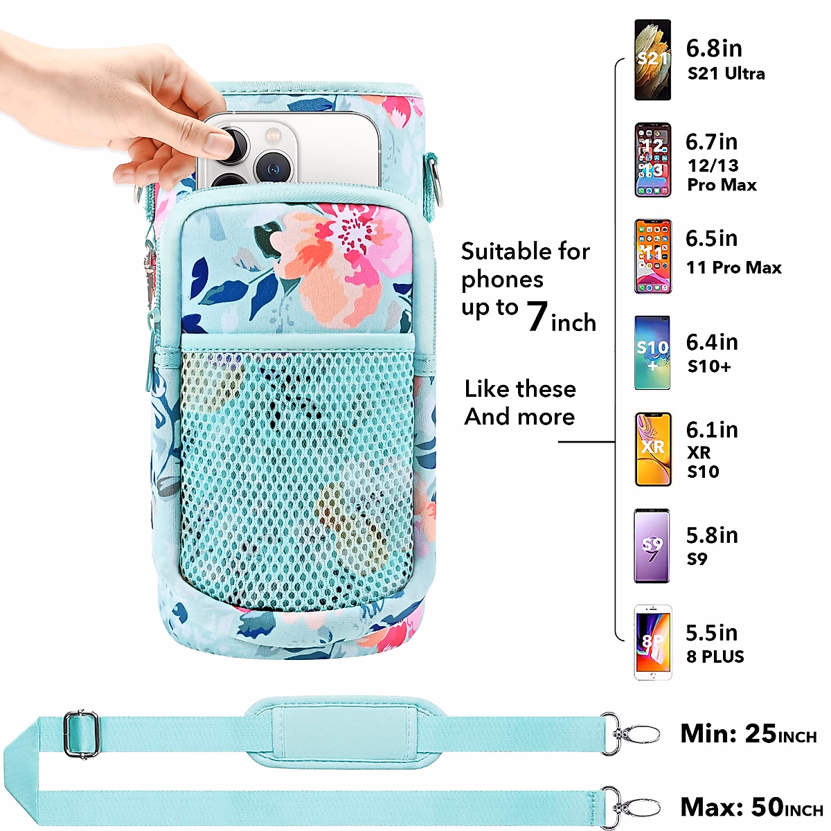 Half Gallon Water Bottle Carrier Bag, Bottle Pouch Phone Holder, Adjustable Shoulder Hand Strap 2 Pocket Sling Neoprene Sleeve Sports Water Bottle Accessories for Hiking Travelling &Camping