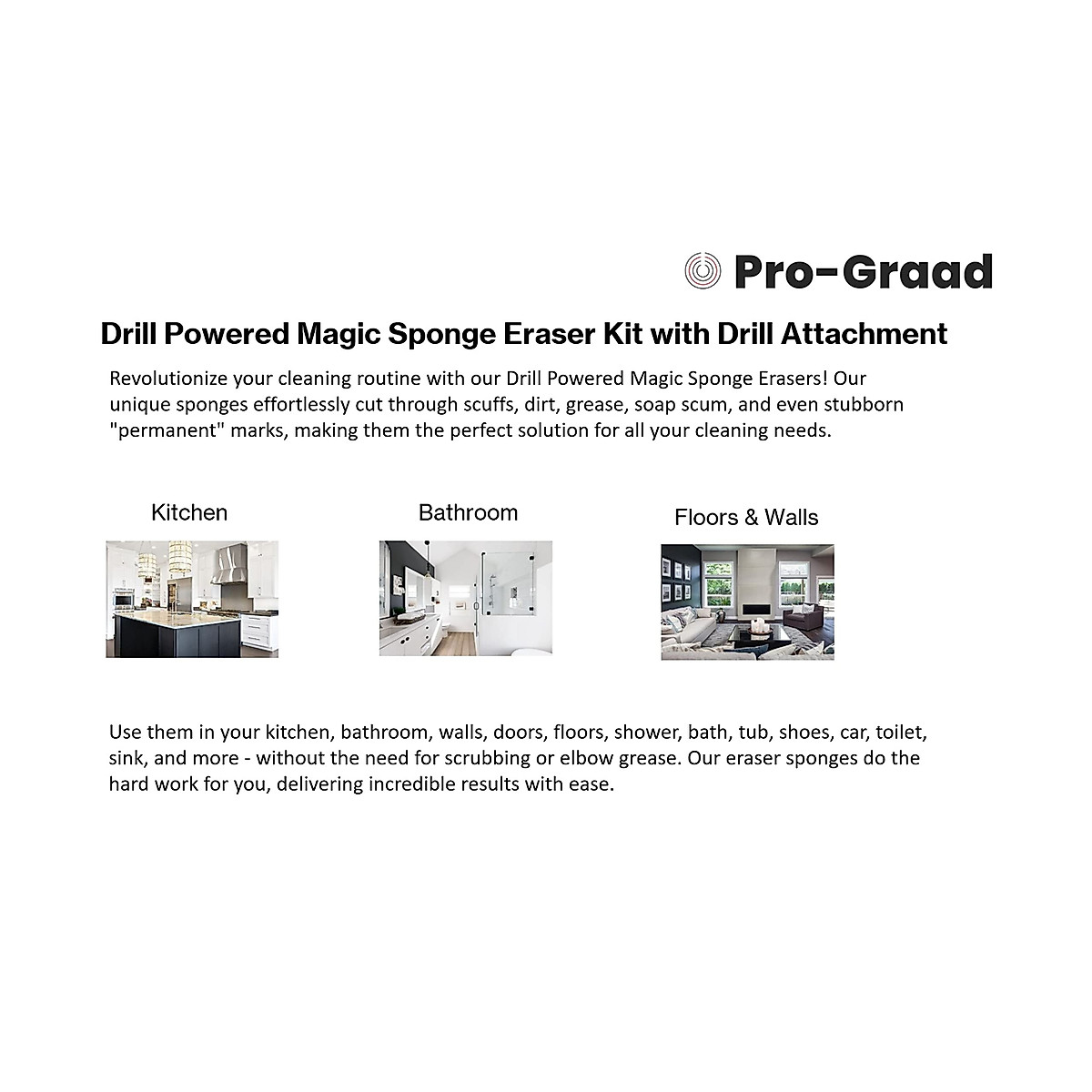 4.5” Drill Powered Magic Sponge Eraser 6 Pieces Kit with Drill Attachment | 25% Thicker Ultra Durable Melamine Cleaning Eraser Pads for Bathroom Kitchen Floors Walls Baseboards Crayon Marker and More