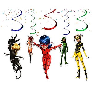 10 Pcs Miraculous Ladybug Streamers for Kids. Cartoon Ladybug Hanging Ceiling Swirls for Birthday Party Decorations.