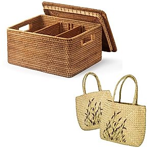 GaiaMade Handwoven Rattan Basket With Lid and Set of 2 Seagrass Market Basket Bag Bundle