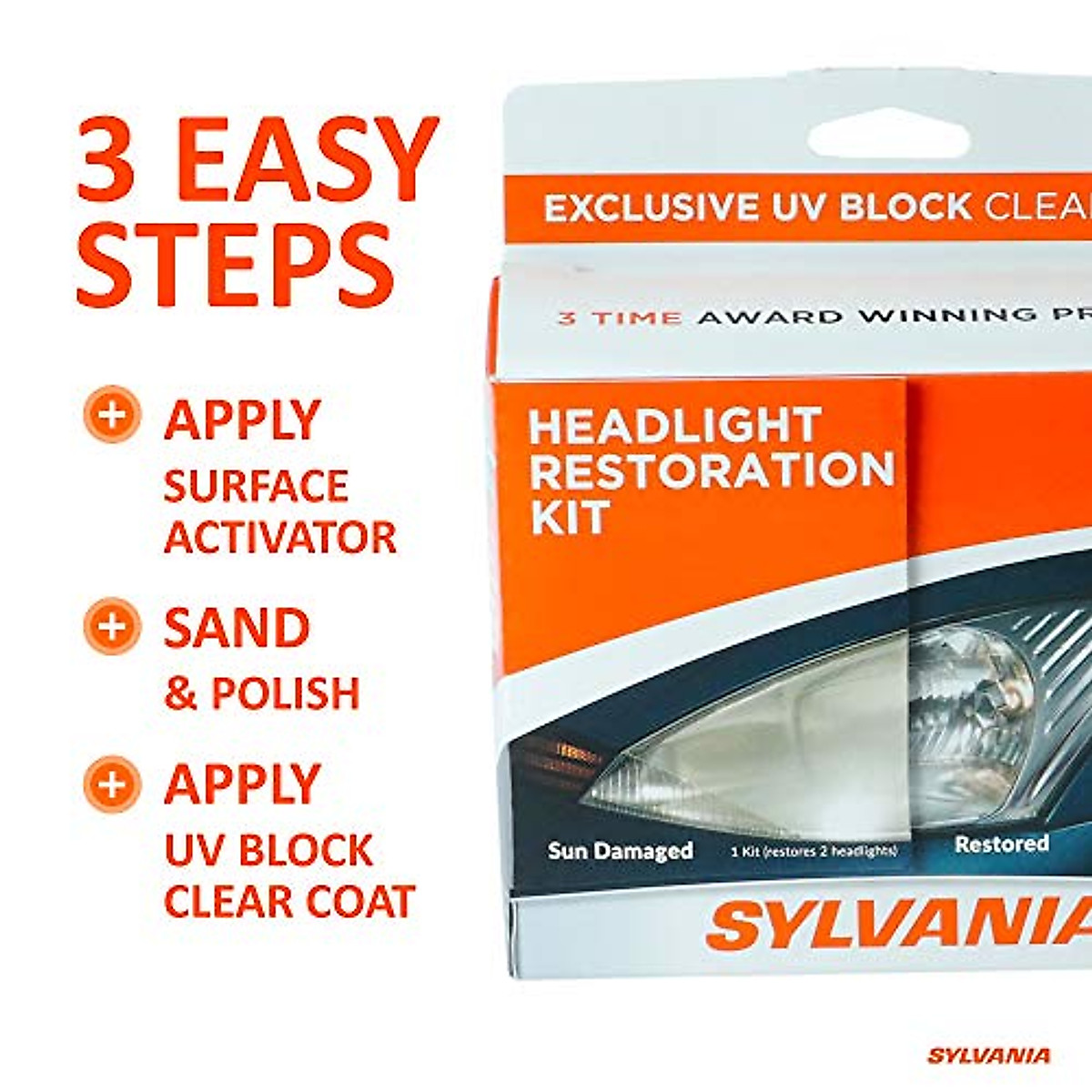 SYLVANIA - Headlight Restoration Kit - 3 Easy Steps to Restore Sun Damaged Headlights With Exclusive UV Block Clear Coat, Light Output and Beam Pattern Restored, Long Lasting Protection