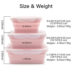 Duoyou Collapsible Silicone Lunch Bento Box, Portable Food Storage Container Outdoor Picnic Box Space Saving, Microwave, Dishwasher and Freezer Safe, 3 Pcs Set (Pink)