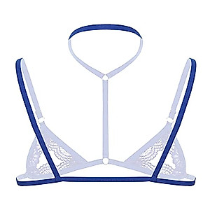 Men's Floral Hollow Out Strappy Bra Sissy Lace See Through Sheer Bralette Adjustable Straps Bikini Lingerie Top (Blue,Large)