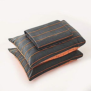 YuHeGuoJi Grey Striped Duvet Cover Queen 100% Cotton Orange Plaid Duvet Cover 3 Pcs Set 1 Reversible Gingham Duvet Cover with Zipper Ties 2 Pillowcases Neutral Modern Gray Geometric Bedding