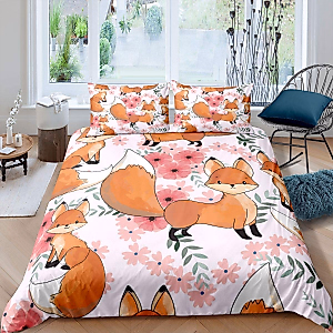Feelyou Kids Cartoon Fox Comforter Cover Cute Orange Fox Duvet Cover for Boys Girls 3D Animal Theme Decor Bedding Set Floral Botanical Bedspread Cover Room Decor 3Pcs Full Size,Zipper