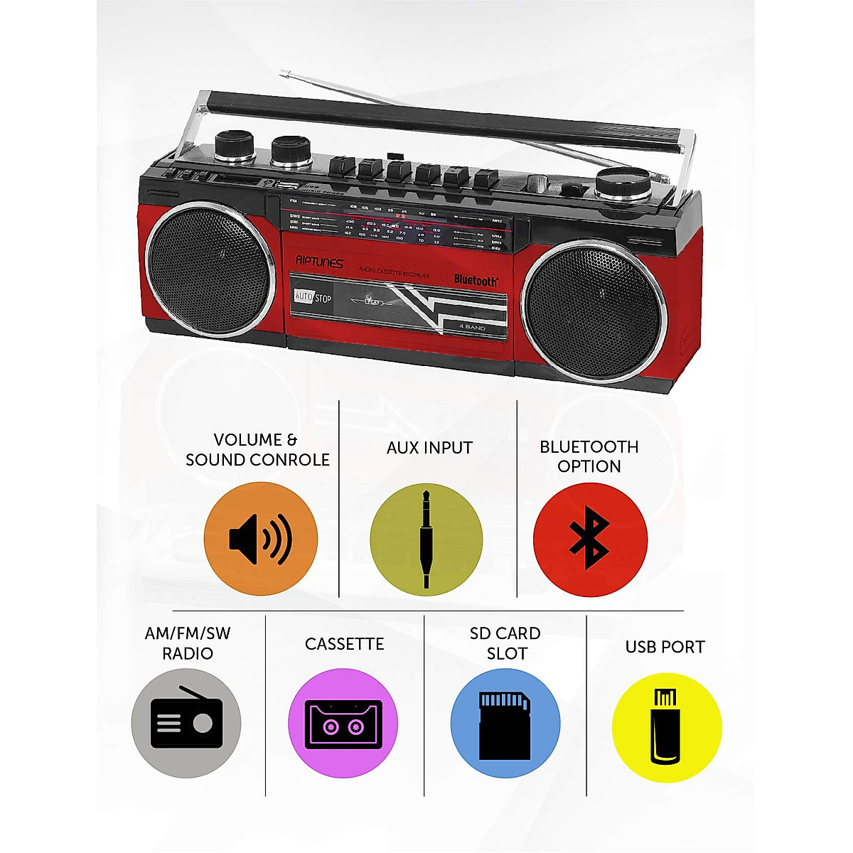 Riptunes Cassette Boombox, Retro Blueooth Boombox, Cassette Player and Recorder, AM/FM/SW-1-SW2 Radio-4-Band Radio, USB, and SD, RED