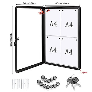 Swansea Enclosed Notice Board Magnetic Bulletin Boards for Office,Black Frame,with Locking Door 26x20inch(4XA4）