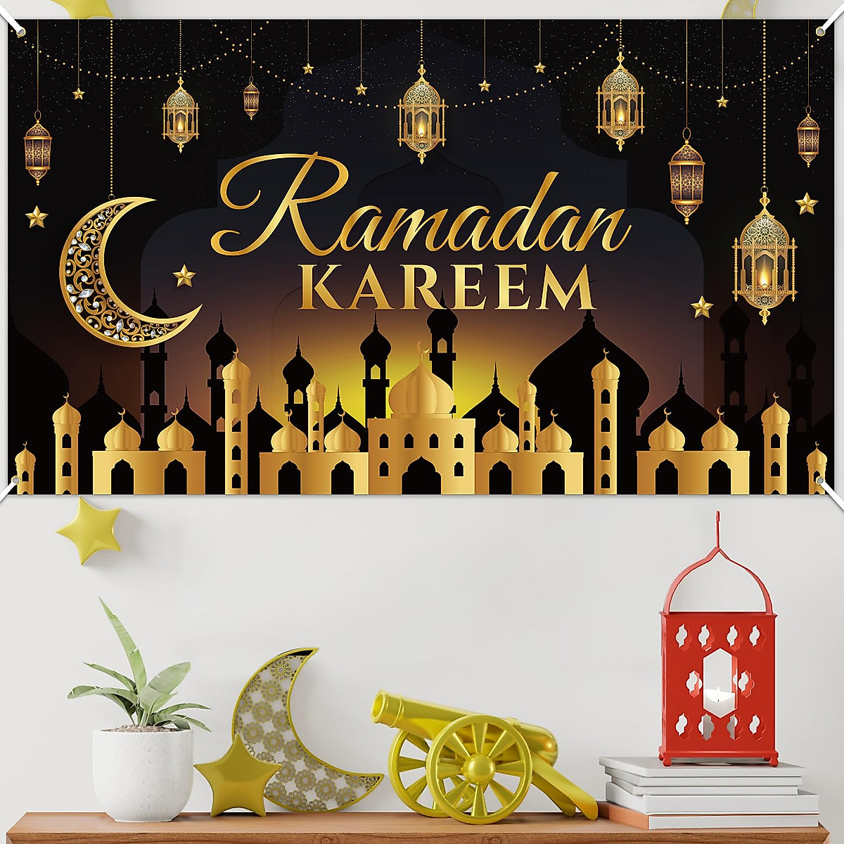 WATINC Ramadan Mubarak Backdrop Banner XtraLarge Eid Arabian Nights Moon Stars Ramadan Kareem Background Banner Party Decorations Supplies Photo Booth for Wall Home Indoor Outdoor 79 X 45 Inch