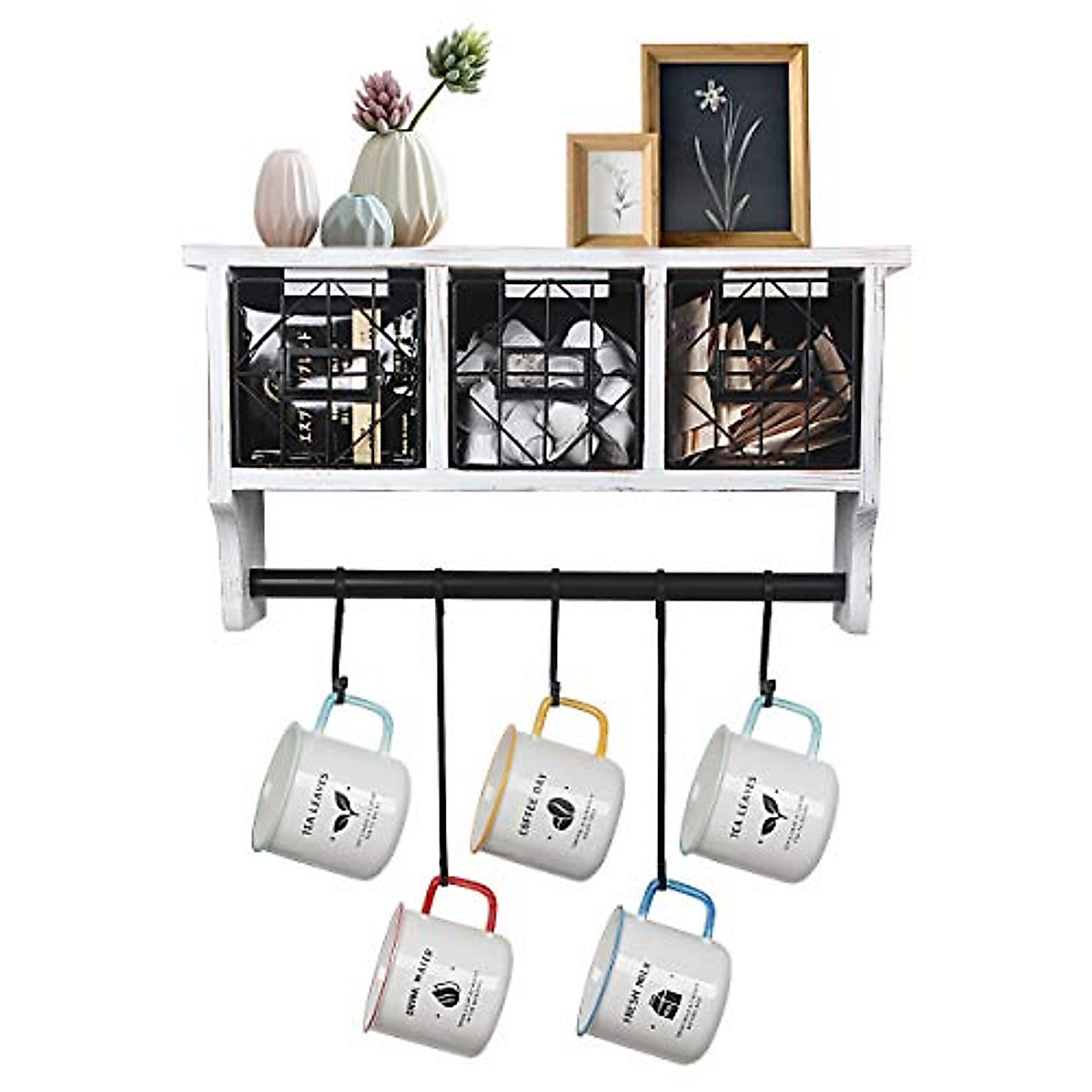 Butizone Rustic Wall Mounted Coat Rack Shelf with Hooks and Baskets, Wood Coffee Mug Storage and Display Organizer, Hanging Entryway Shelf for Coats, Hats, Towel and Keys, White