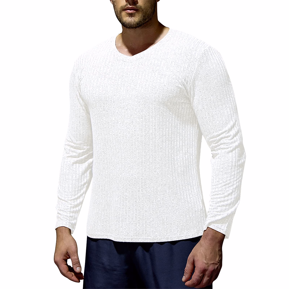 CTU Men's Fashion Athletic T-Shirts Long Sleeve Shirts Workout V Neck Solid Color Tee Shirt Top White