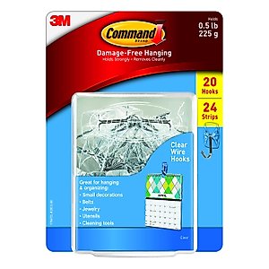 Command Plastic Small Clear Wire Hooks with Clear Strips (20 Hooks, 24 Strips) 3M
