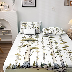 Birch Sheets Full Size, Forest Bed Sheets, Patterned Bedding Sheets & Pillowcases 4 Piece Set - Soft Microfiber Deep Pocket Fitted Sheet & Flat Sheet & 2 Pillow Cases J1-&-61
