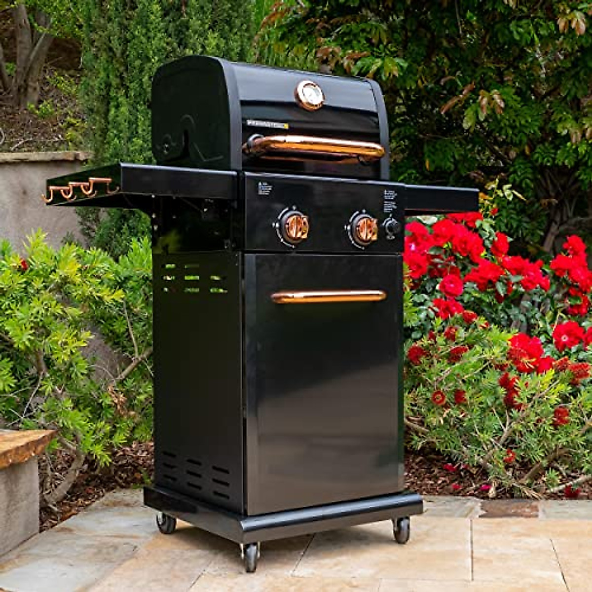 Permasteel 2-Burner Gas Grill, Foldable Side Tables, Grilling Tool Hooks, Propane Gas Barbecue Grill, Black with Copper Accent