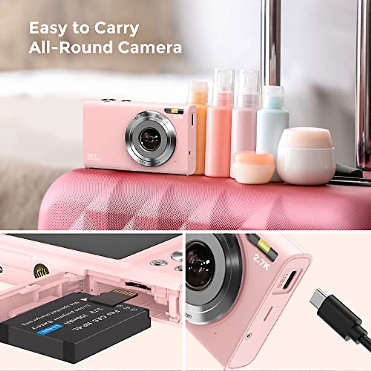 Digital Camera Auto Focus 2.7K Vlogging Camera HD 48MP 16X Digital Zoom Camera with 32G Memory Card 2 Batteries & Charger YouTube Portable Mini Compact Camera for Kids Teens Adult Beginner Pink