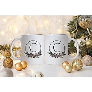 Sunday Blvd. 11oz. Coffee Mug Gift, Winter Pinecone Wreath Monogram Alphabet Letter C, Birthday Christmas Graduation Promotion Coworker Mother's Day Gift Idea, 1-Pack