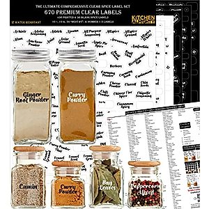 670 Labels: 498 Spice Names + 96 Blank Labels | Most Bold Cursive Preprinted Black & White Letters Label Set | Alphabetized Spice Label System by KITCHEN ALMIGHTY | Spice Jar Labels Spice Organization