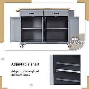 KELRIA Solid Wood Top, Mobile Carts with Storage Cabinet, Rolling Kitchen Table with Spice, Towel Rack, and Drawer, Portable Islands on Wheels, Gray, 54.3 Inch, Grey Blue