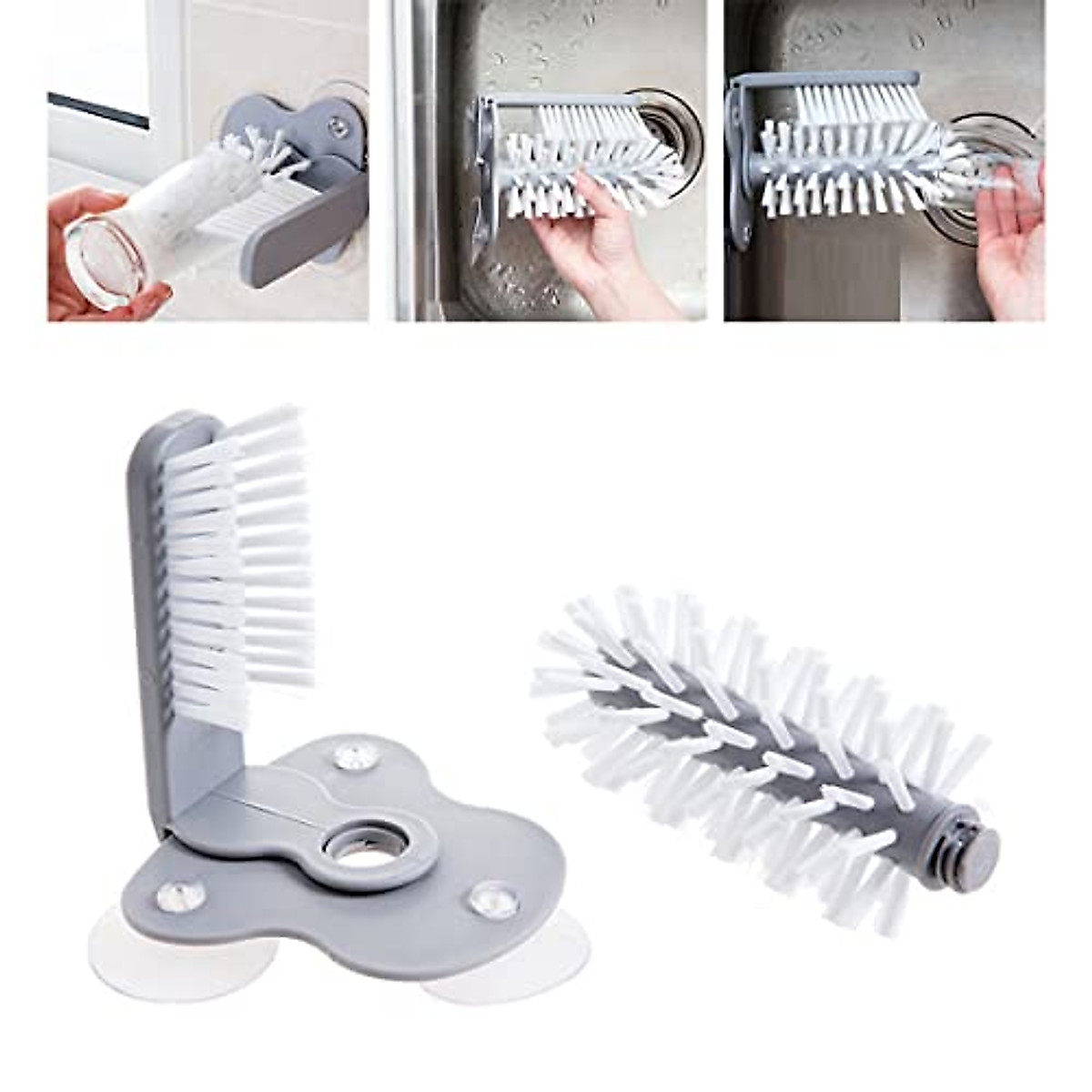 Mednkoku Glass Washer with Suction Base Standing Double Sided Bristle Cleaner Bottle Cleaning Brush Cup Washing Brushes
