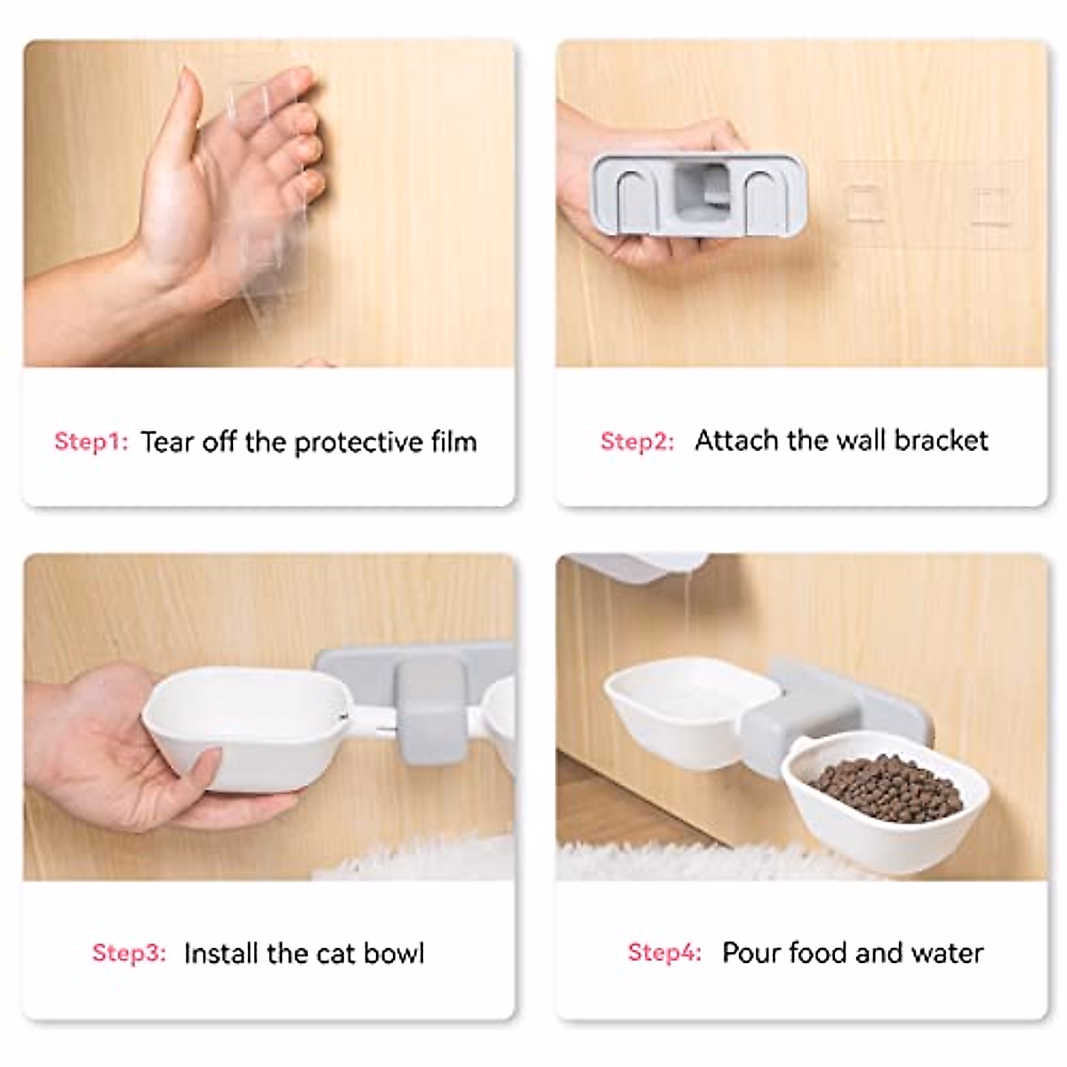 Cat Food and Water Bowls Set, Adjustable Elevated Cat Bowls, Hanging Cat Food Bowls,Wall Mounted Cat Water Bowl No Spill with 8.5 oz Each, Anti Vomiting,Dishwasher Safe,White