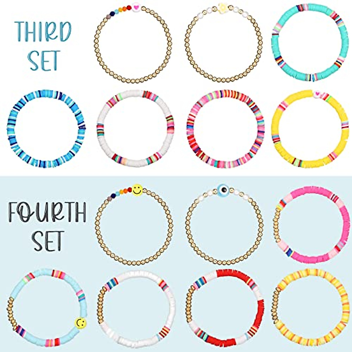 28 Pcs 4 Set Heishi Surfer Bracelets Set Colorful Preppy Smile Evil Eye Beaded Stretch Bracelet Clay Stackable Boho Disc Party Gift Y2k Aesthetic Summer Beach Jewelry for Xmas Halloween (Cute Style)