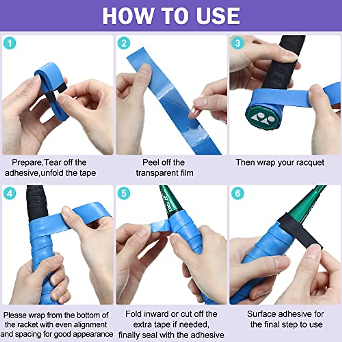 Jadive 100 Pcs Tennis Racket Grip Tape Anti Slip Tennis Overgrips PU Absorbent Badminton Grip Tape for Badminton Tennis Racquet Grip Fishing Rods, Red Yellow Blue Black Purple