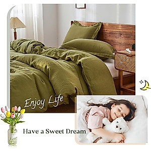 Generic Olive Green Color Linen Duvet Cover 3 PCS Set, Custard Boho Bedding Duvet Cover Uo Bedding Washed Duvet Cover Queen King Twin Double Bedding Set Linen Duvet Cover Set (California King 98X104)