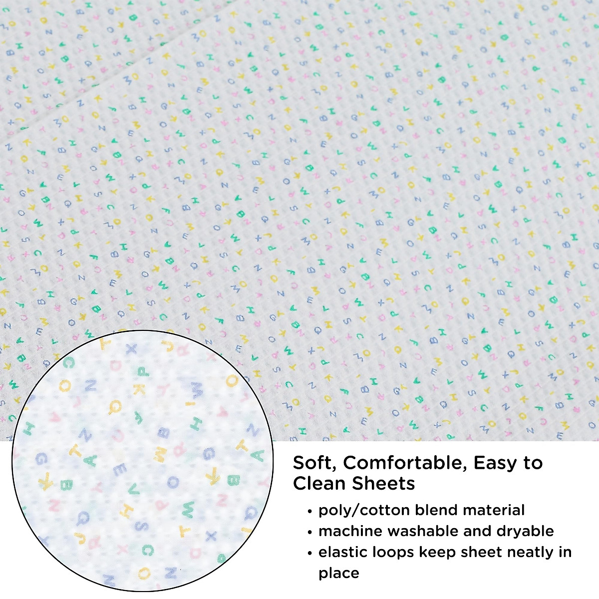 Angeles Angels Fitted Cot Sheet with Elastic Straps, Standard Size, Preschool, Daycare Bedding, Colorful ABC Print