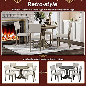 WOZNLA 5-Piece Retro Round Dining Table Set for 4, Kitchen Table Set with Curved Trestle Style Legs and 4 Upholstered Chairs, Taupe
