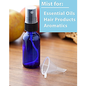 JUVITUS 1 oz Cobalt Blue Glass Boston Round Bottle with Black Fine Mist Spray (12 Pack) + Funnel