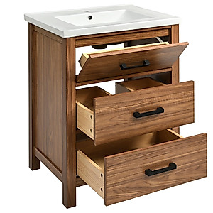 Beardslee 24" Bathroom Vanity with Sink, Modern Bathroom Storage Cabinet with 3 Drawers, Brown Natural Wood Bath Vanity w/Ceramic Sink for Small Space (Natural Wood)