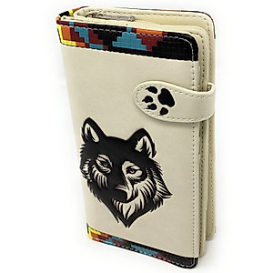 Shag Wear Native Wolf Large Animal Wallet for Women and Teen Girls Vegan Faux Leather 7" Beige