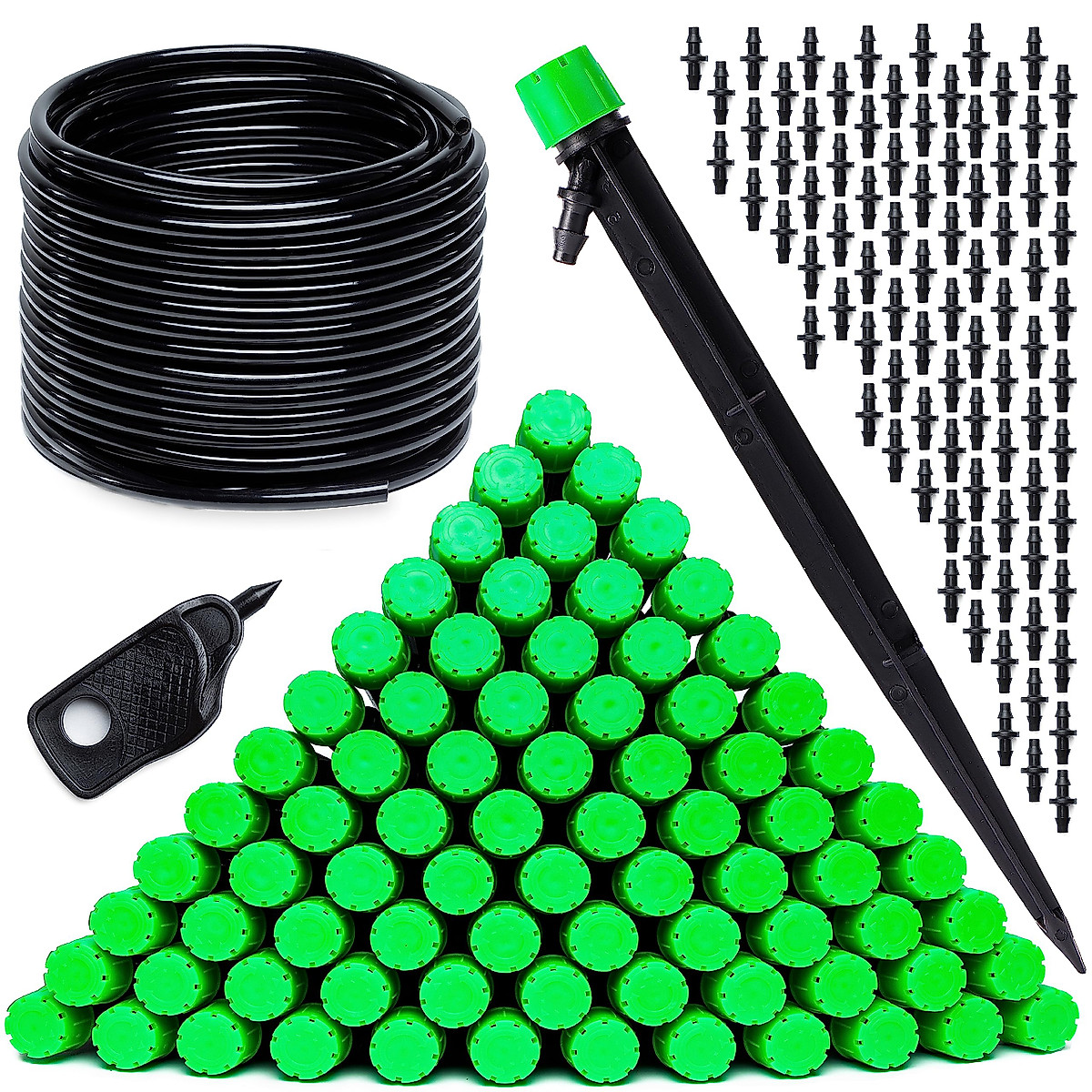 CARPATHEN Drip Irrigation Emitters Spray - 100 pcs Drip Sprinkler Head for 1/4 inch Drip Irrigation Tubing + 1/4 Drip Irrigation Tubing - 100 ft Black Drip Irrigation Hose