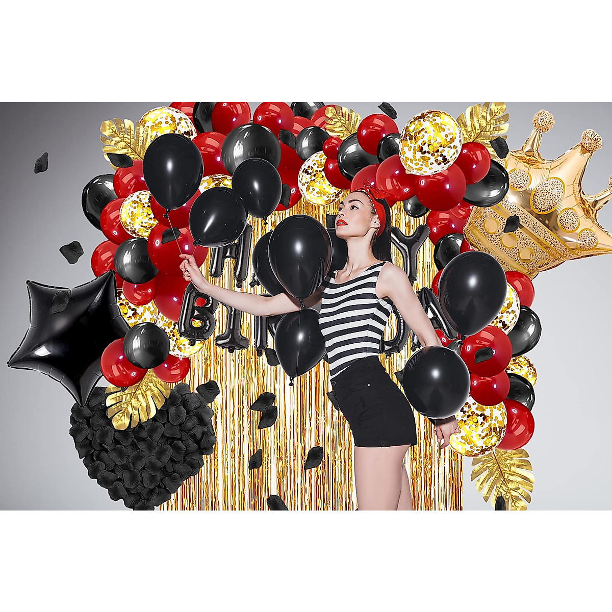 Toylin Red and Black Birthday Decorations Party Supplies Set,Black Gold Confetti Balloons Gold curtain for Baby Shower Wedding Birthday Graduation Anniversary Bachelorette Party Decorations