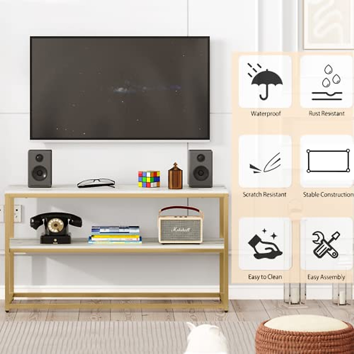 Function Home TV Stand for TVs up to 50 Inch, 3 Tier Entertainment Center, Modern TV Cabinet with Marble Top and Gold Metal Base, 42" Media Console Table with Storage for Living Room Bedroom
