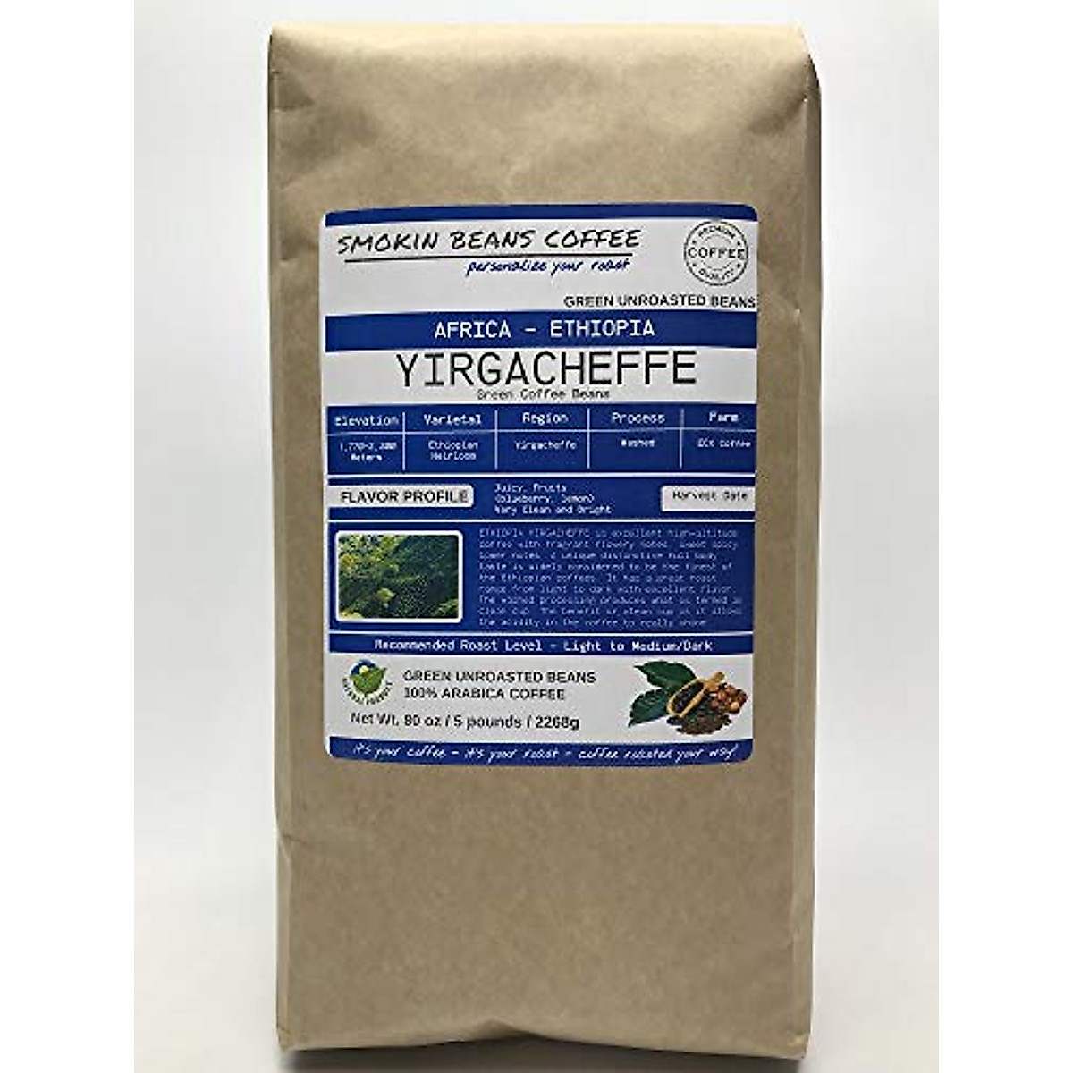 5 Pounds – African - Ethiopia Yirgacheffe - Unroasted Arabica Green Coffee Beans – Varietal Ethiopian Heirloom – Drying/Milling Process Washed SunDried – Unique Distinctive Taste - Includes Burlap Bag