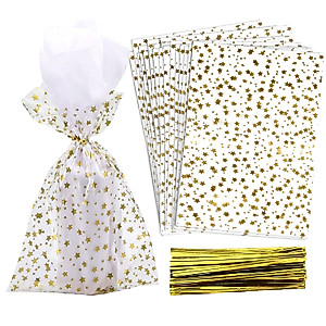 COQOFA 100 Pcs Star Printed 4"X 9" Gift Wrap Cello Cellophane Treat Bags Party Favor bags Clear Candy Cookie Bags Plastic Poly Goodie Storage Bags with Twist Ties for Bakery,Birthday, Wedding ,Party Decorations (Gold)