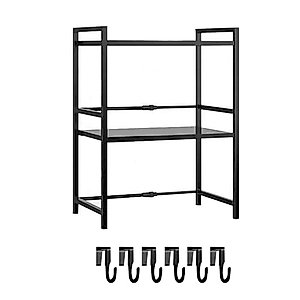 EPIPHQNY Kitchen Counter Microwave Oven Stand Expandable Shelf with Hooks Robust Carbon Steel Pots and Pans Storage Solution