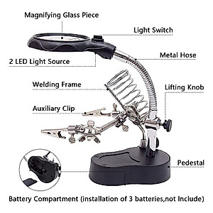 mlogiroa Helping Hands Soldering Station, 3.5X 12X Magnifying Glass LED Lighted Magnifier with Auxiliary Clips Alligator Clamp Repair Tools Kit for Soldering, Assembly, Miniatures