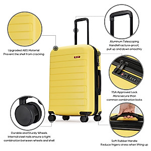 GinzaTravel 3-Piece ABS Luggage Set with TSA Locks, Expandable, and Friction-Resistant in Yellow - Includes 20", 24" & 28" Spinner Suitcases