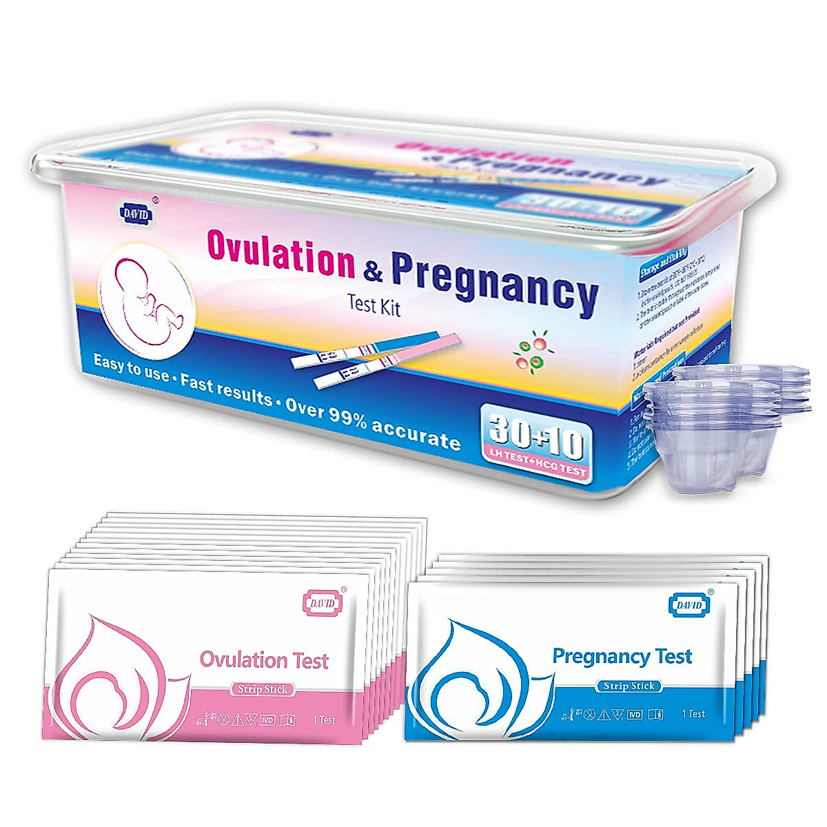 DAVID Ovulation Predictor Kit, 30 Ovulation Tests + 10 Pregnancy Tests Strips, 40 Count with Urine Cups, Fertility Test for Women, Over 99% Accurate (30LH-10HCG), EXP 10-30-2023